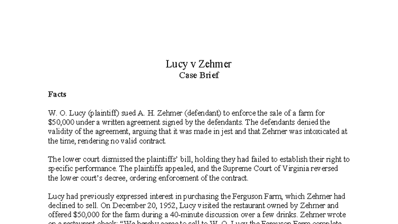 Lucy v. Zehmer Case Brief Overview: Key Facts & Legal Issues - Studocu