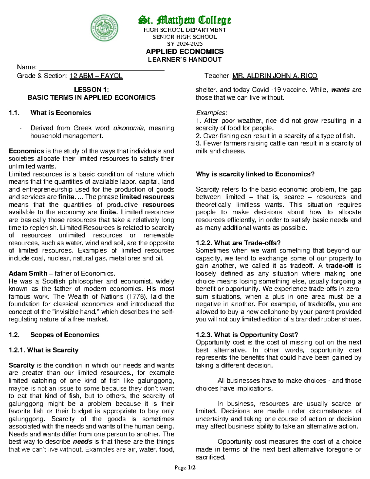 12 ABM FAYOL Applied Economics Lesson 1: Basic Terms Handout - Studocu