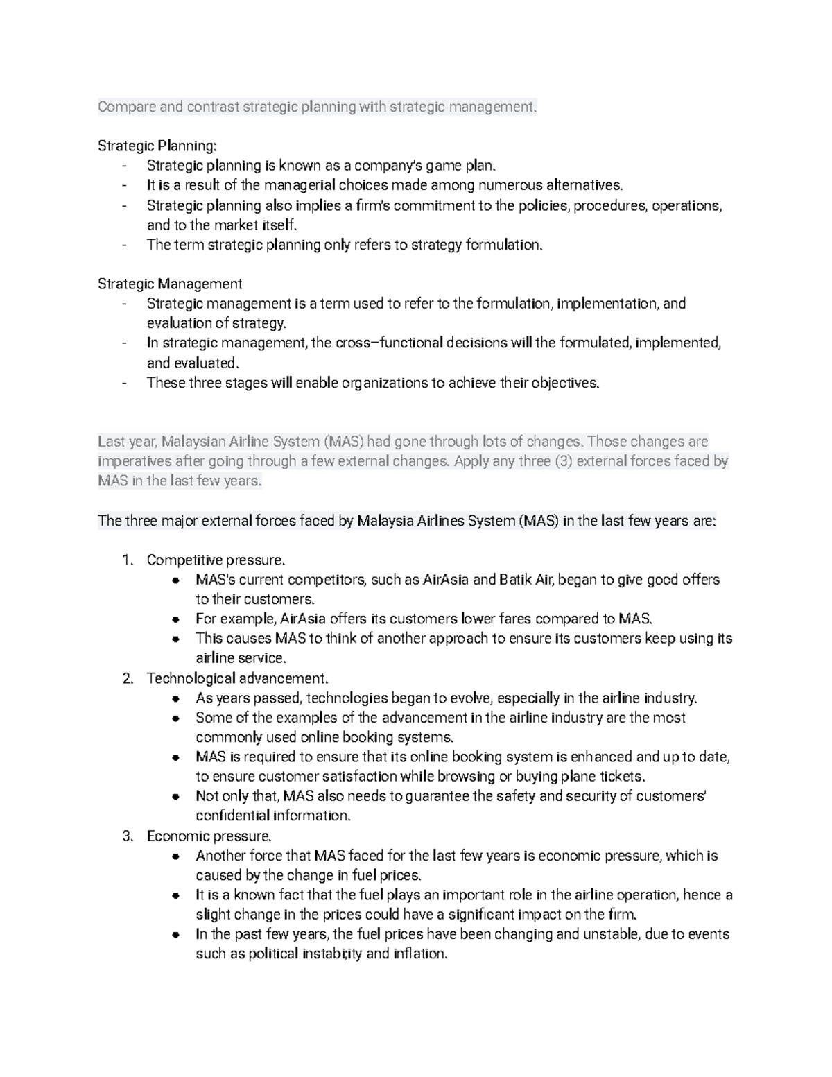 Comparative Analysis of Strategic Planning vs. Management in MGT 659 ...