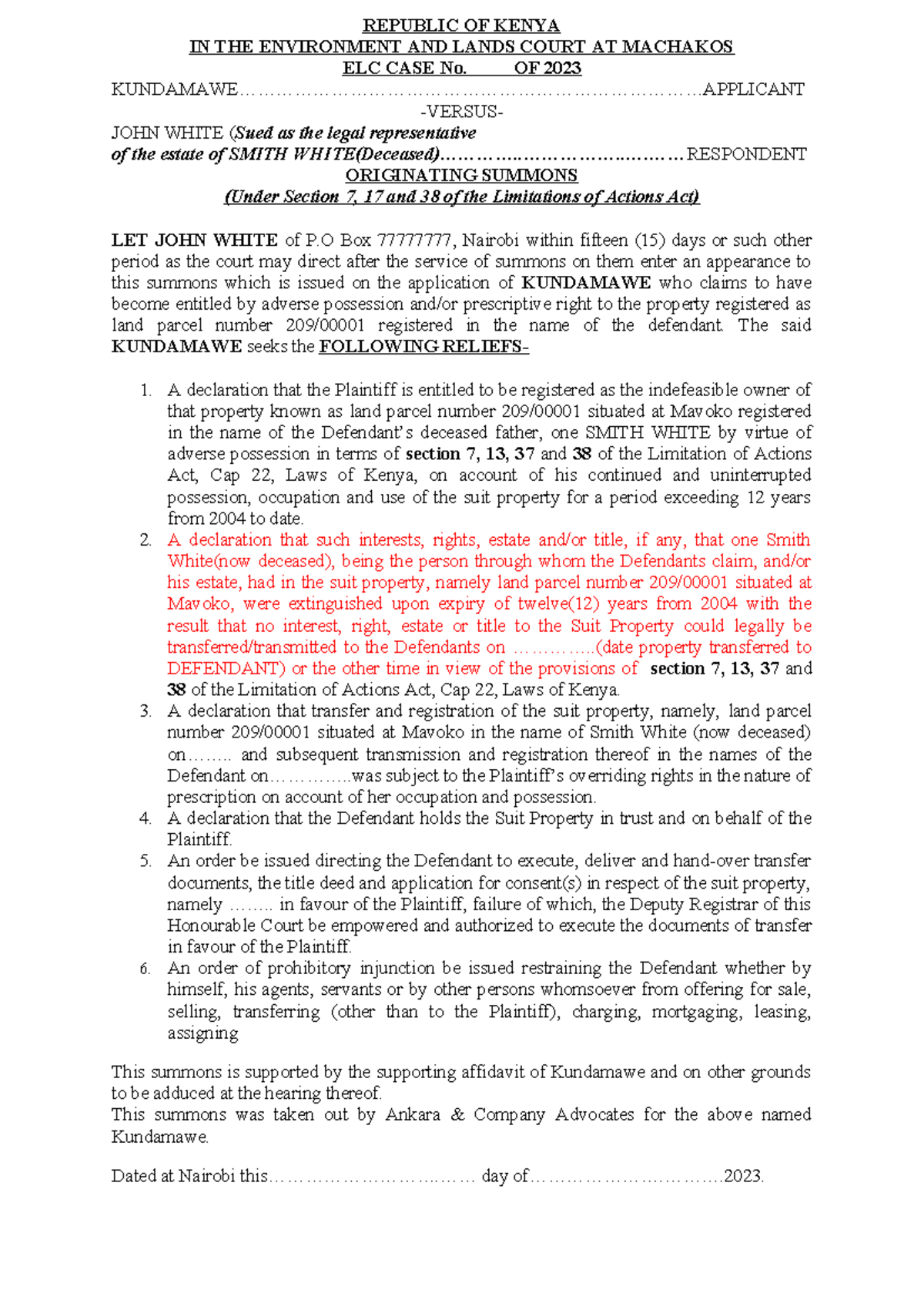Adverse Possession Application - ELC Case No. 2023: Kundamawe vs. White ...