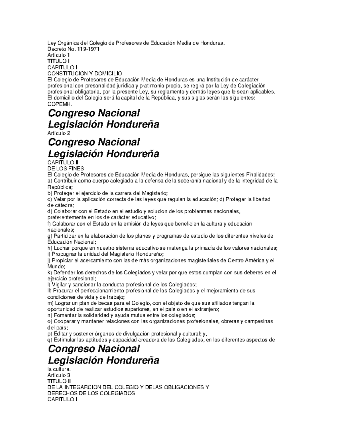 Ley Orgánica del Colegio de Profesores de Educación Media de Honduras ...