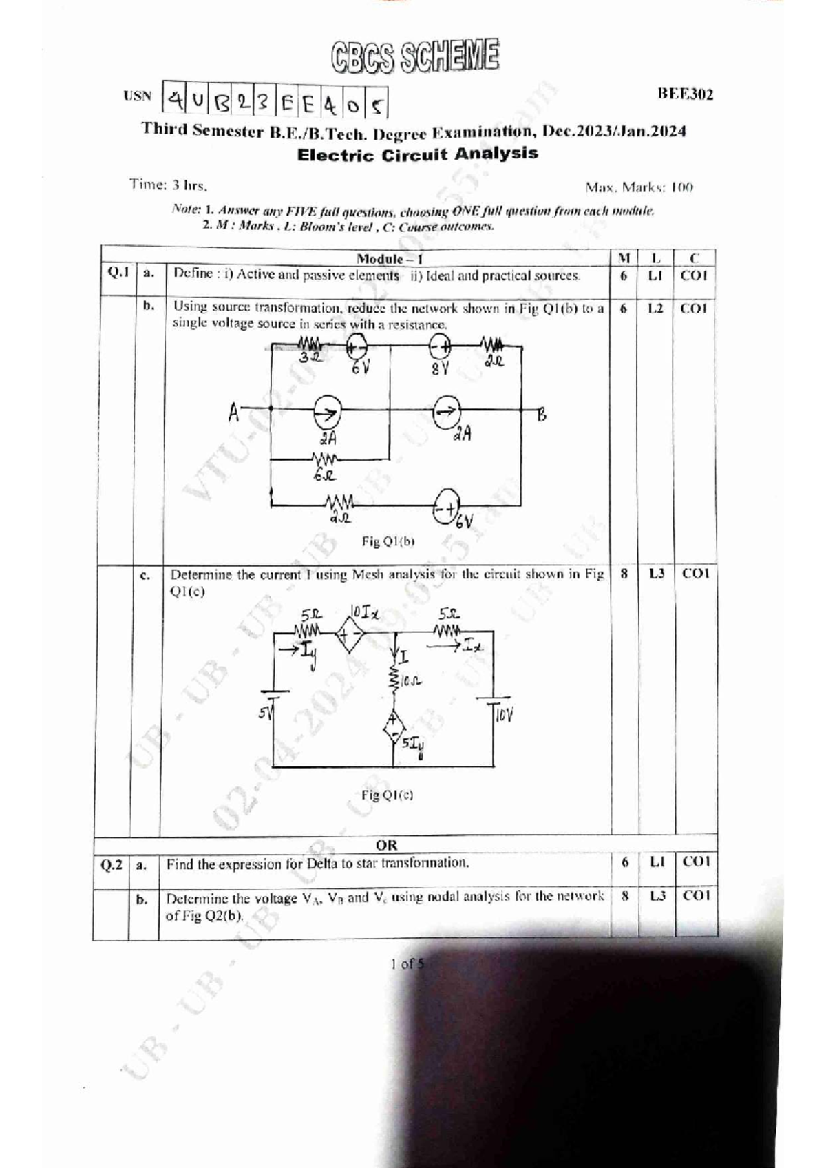 BEE302 Dec-Jan 2024 - Electric Circuit Analysis Question Paper - Studocu