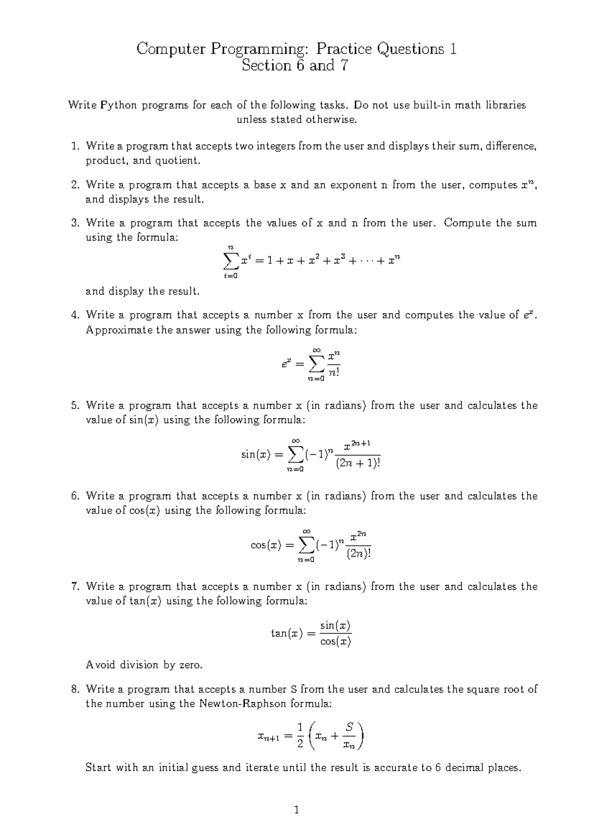 Computer Programming: Practice Questions 1 (Sections 6 & 7) - Studocu