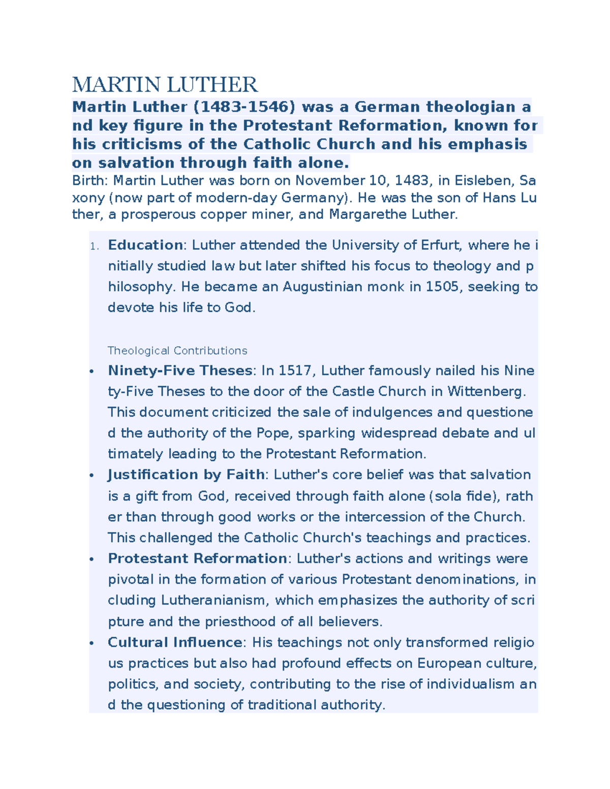 MARTIN LUTHER: Key Insights on the Protestant Reformation - Studocu