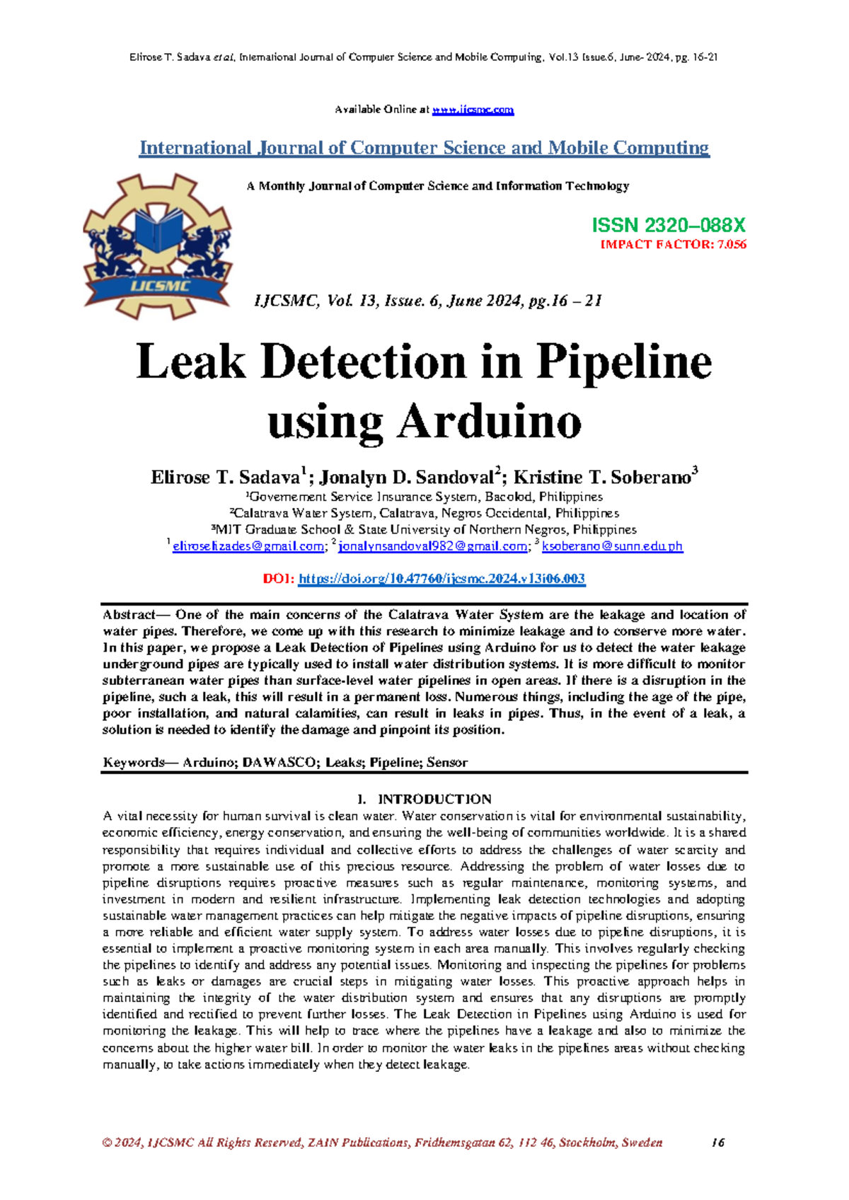 Leak Detection in Water Pipelines Using Arduino: IJCSMC V13I62024 - Studocu