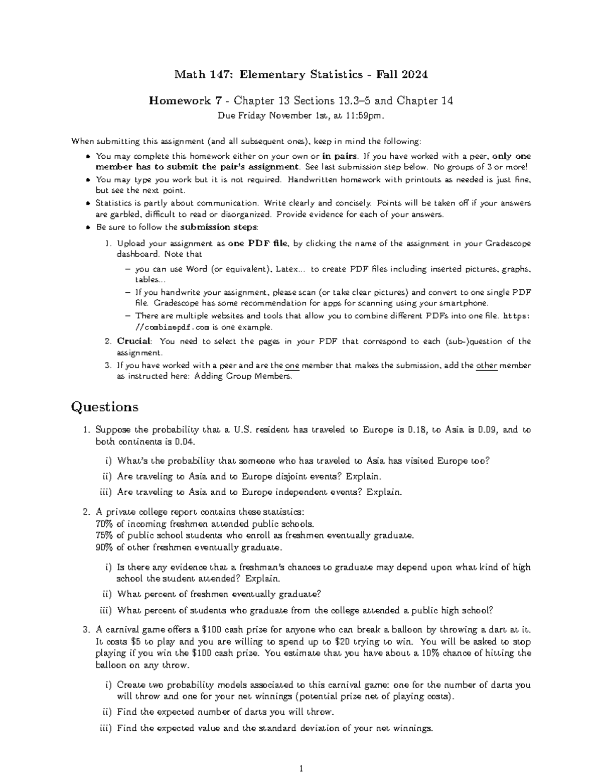 Math 147: Elementary Statistics Fall 2024 Homework 7 - Ch 13 & 14 Guide ...
