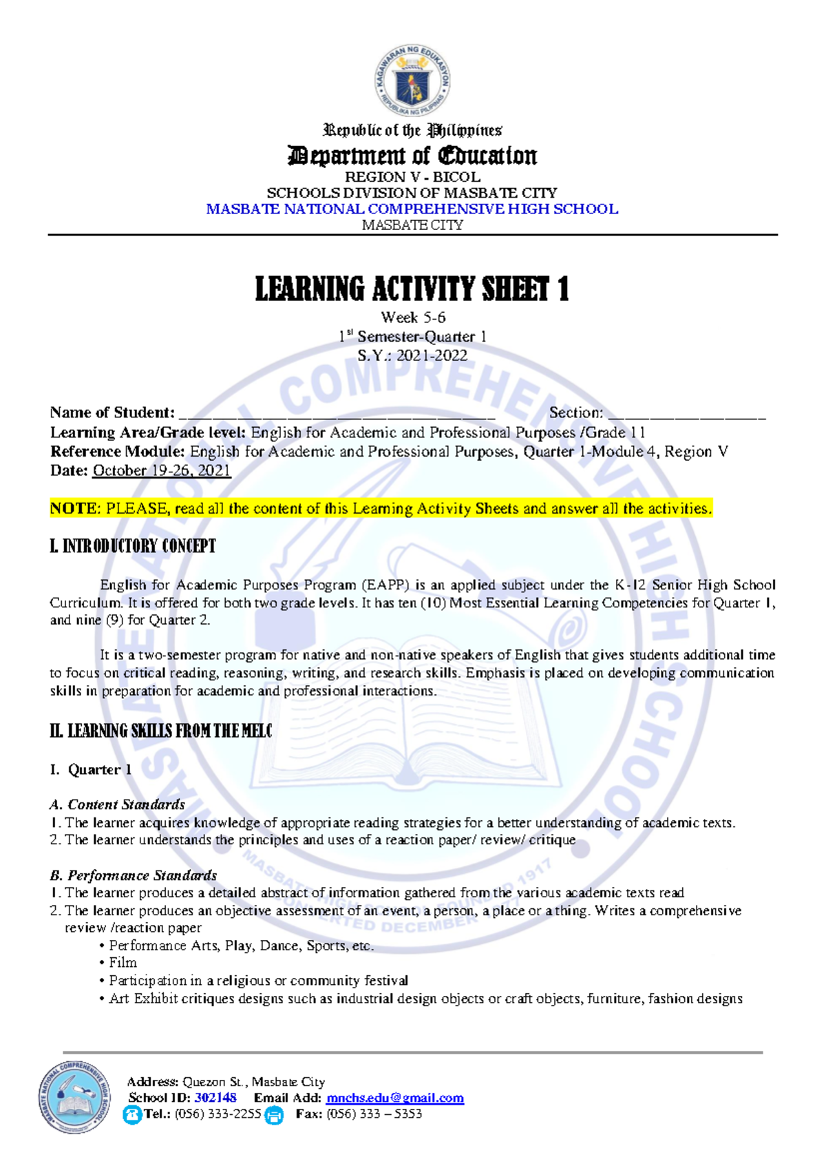 Learning Activity Sheet EAPP WEEK 5 - Republic of the Philippines ...