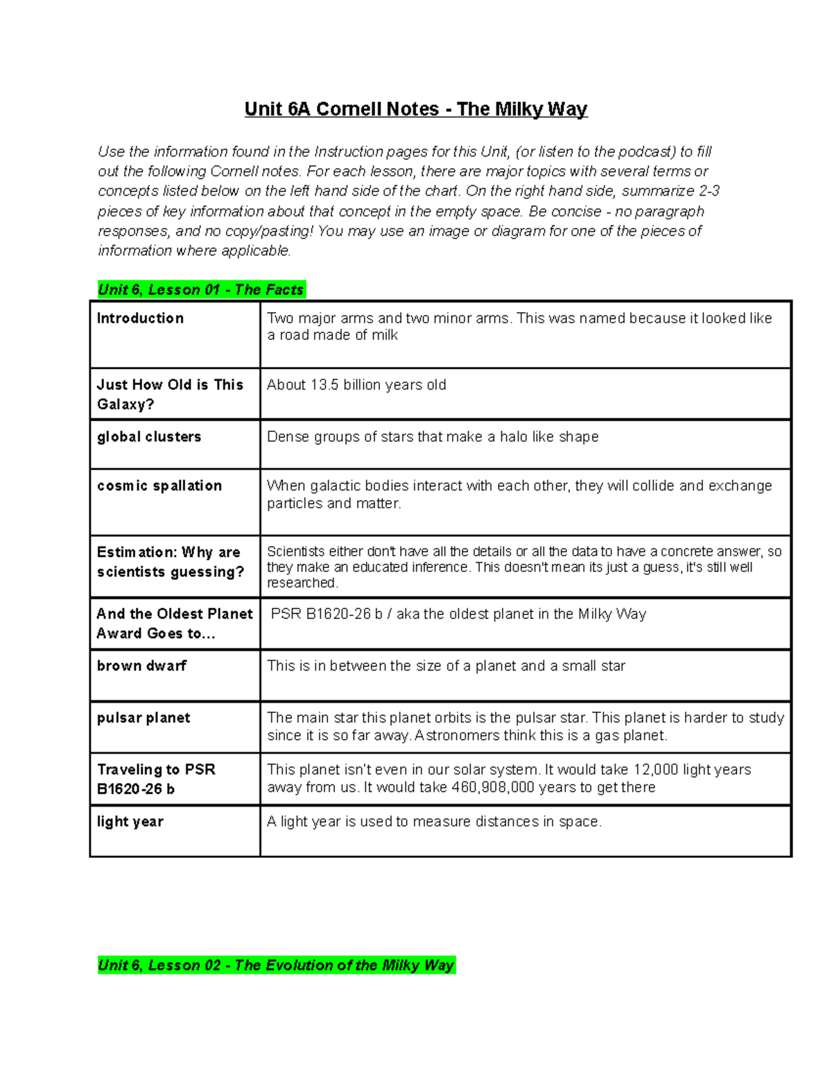 Unit 6A Cornell Notes: Exploring the Milky Way Galaxy - Studocu