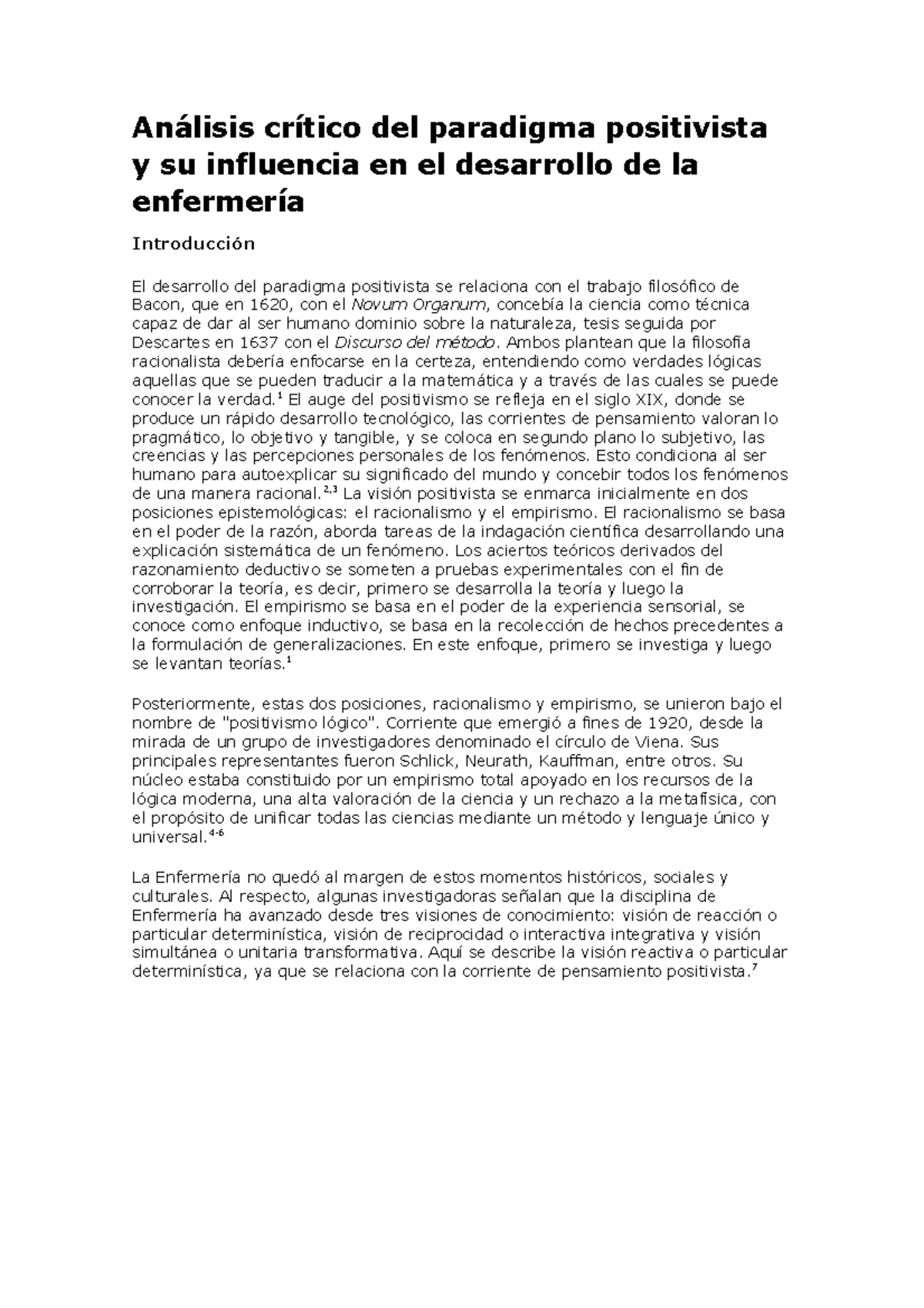 Análisis Crítico del Positivismo y su Impacto en la Enfermería - Studocu