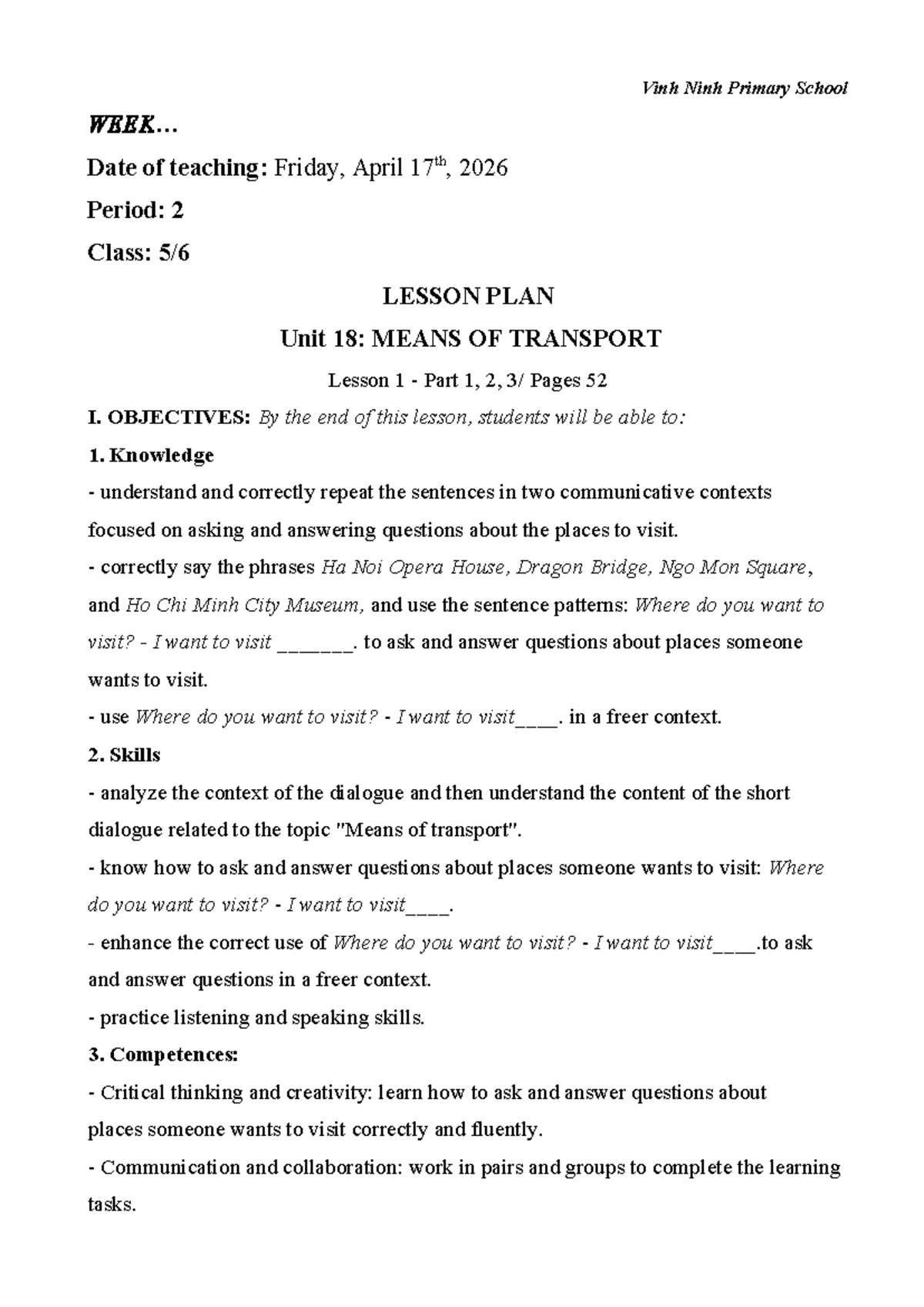 Unit 18: Lesson Plan 1 - Means of Transport (April 17, 2026) - Studocu