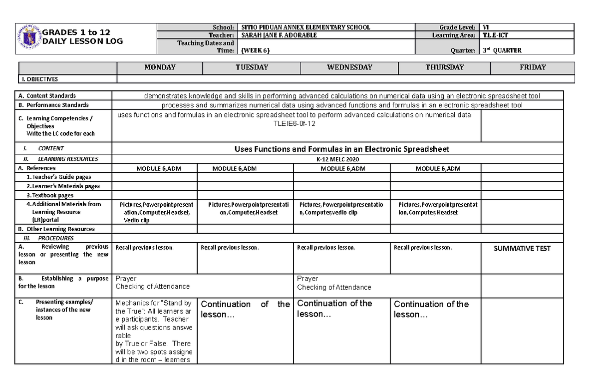 DLL TLE ICT 6 Q3 W6 - eee - GRADES 1 to 12 DAILY LESSON LOG School ...