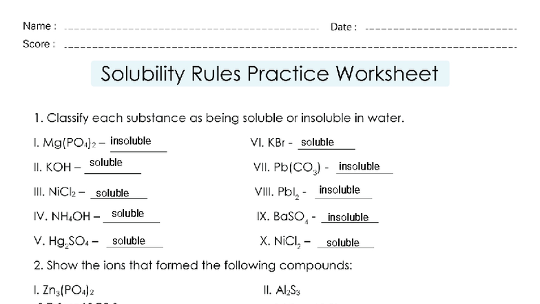 Solubility Rules Practice Worksheet - Chemistry 101 - Studocu
