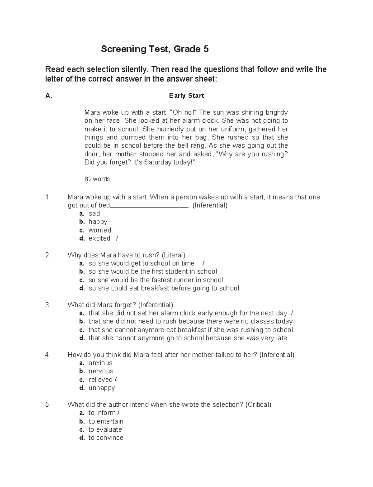 Grade 6 GST Screening Test: Passages & Questions Analysis - Studocu
