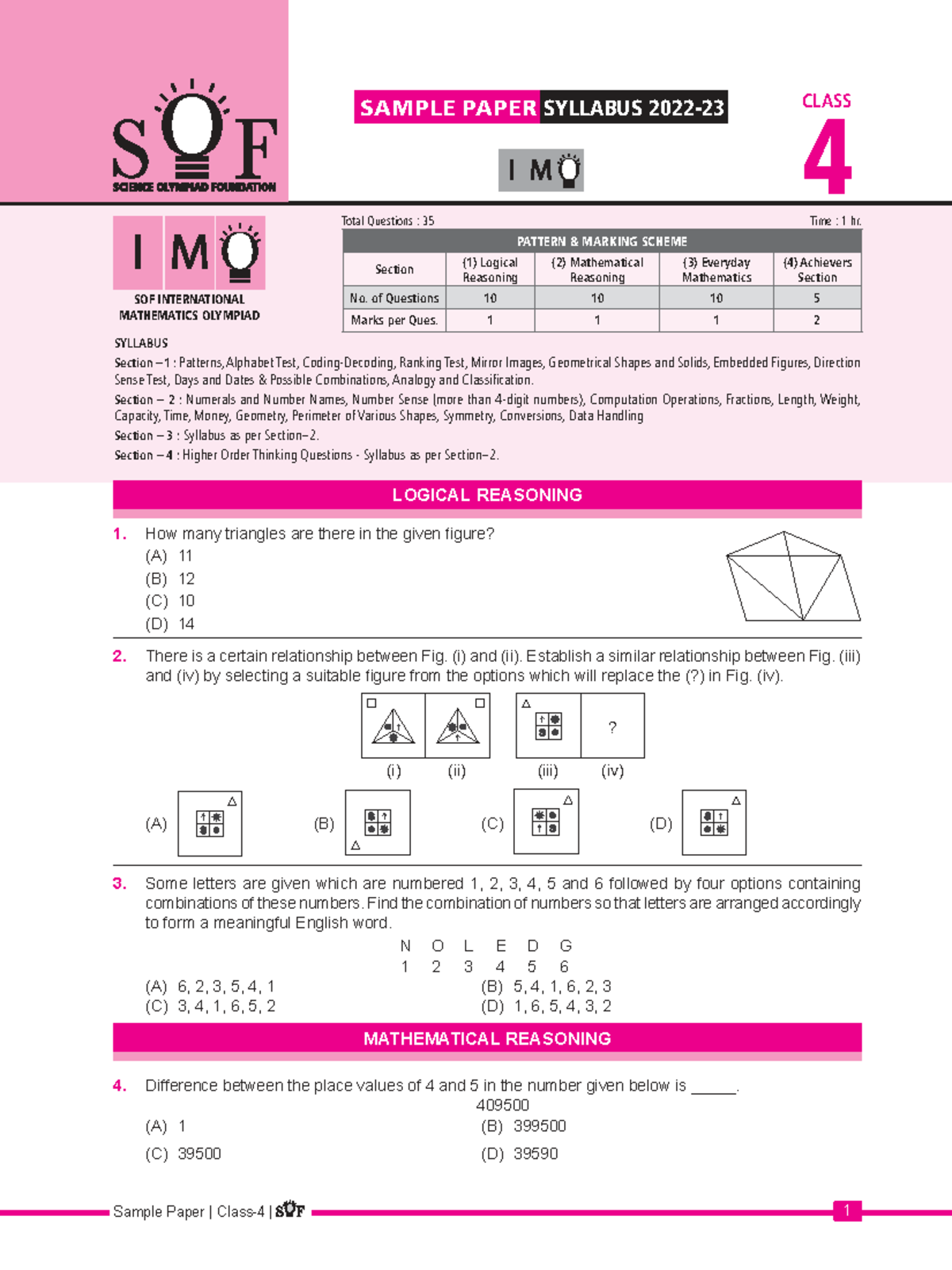 SAMPLE PAPER SYLLABUS: CLASS 4 IMO - 35 Questions, 1 Hour - Studocu