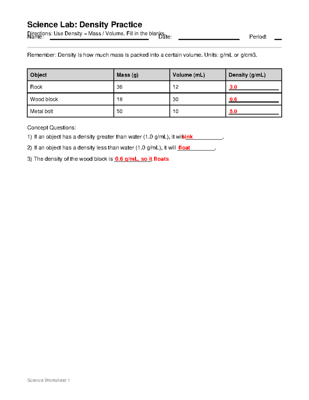 03 Science Density Practice - Science Lab: Density Practice Directions ...