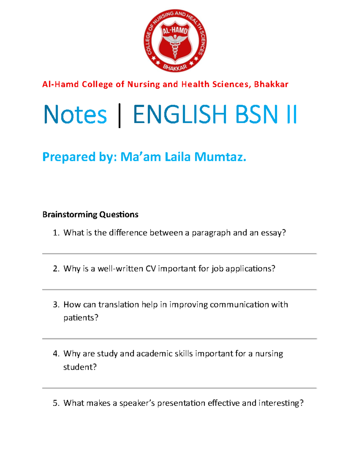 BSN 2 Short Notes: Key Concepts for Nursing Success - Studocu