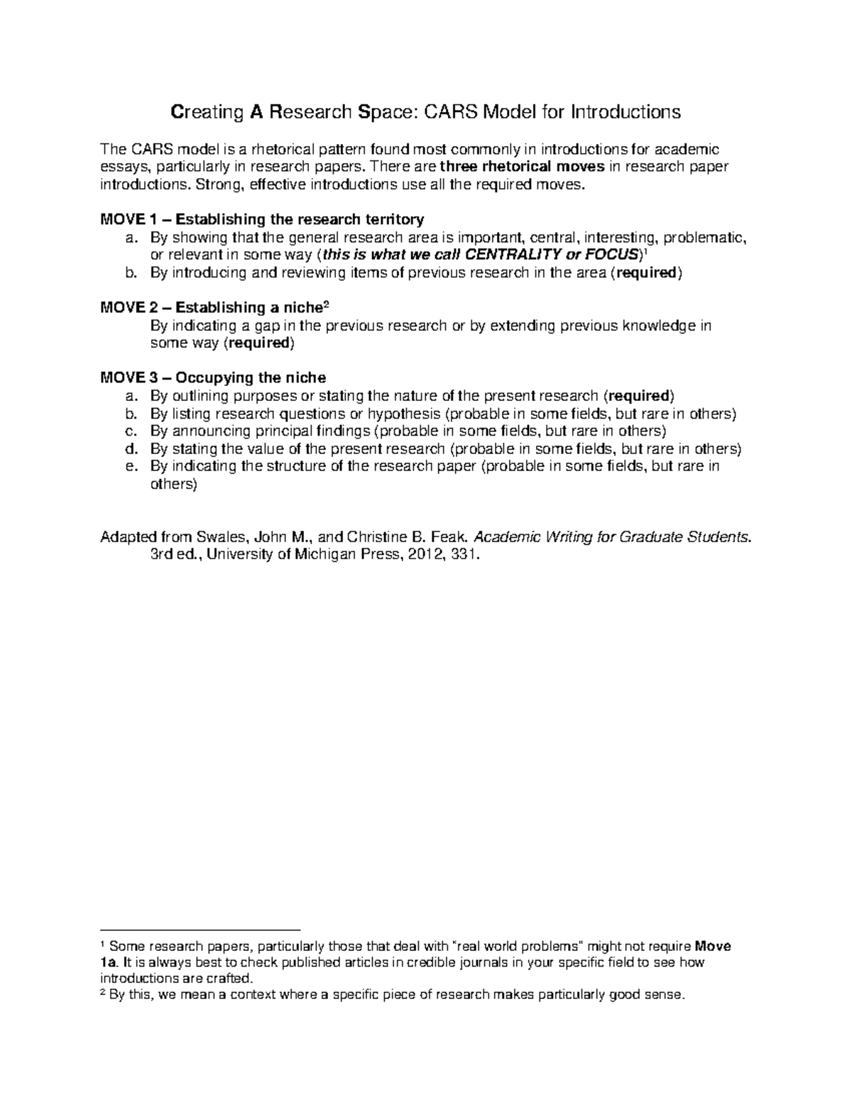 CARS-Thesis-Handouts - C reating A R esearch S pace: CARS Model for ...