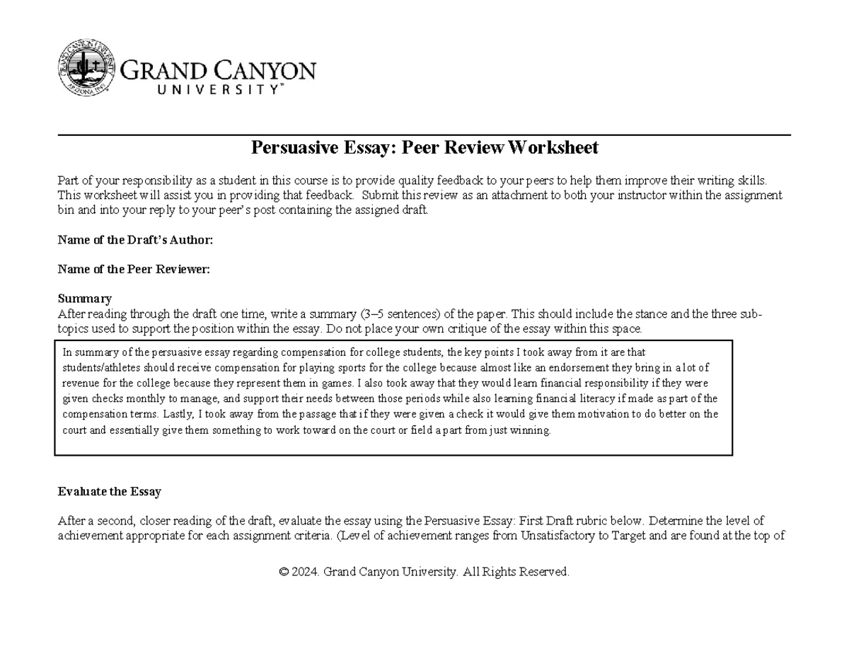 PHI-105-T-6 Peer Review Worksheet - Persuasive Essay: Peer Review ...