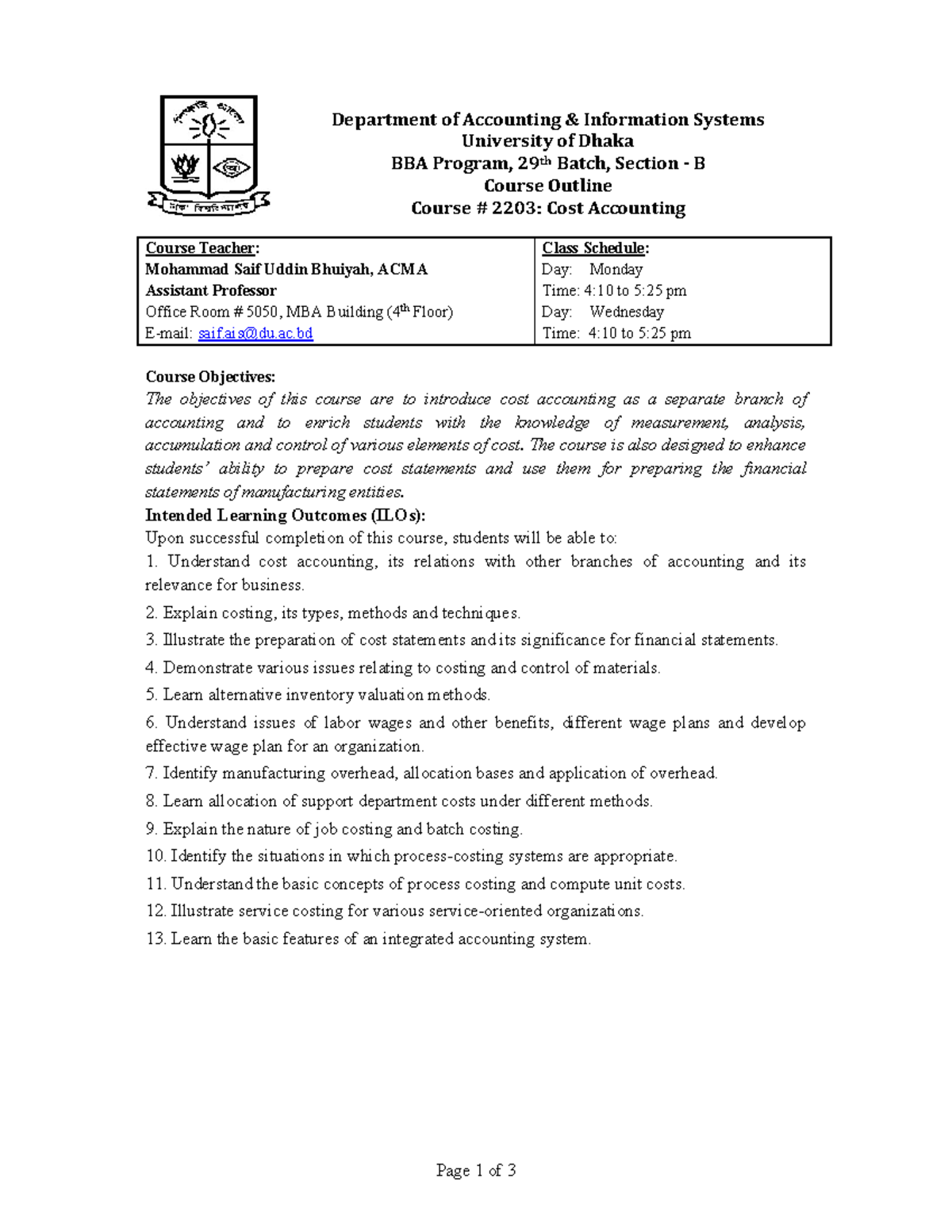 Course Outline 2203: Cost Accounting - Section B Overview and ...