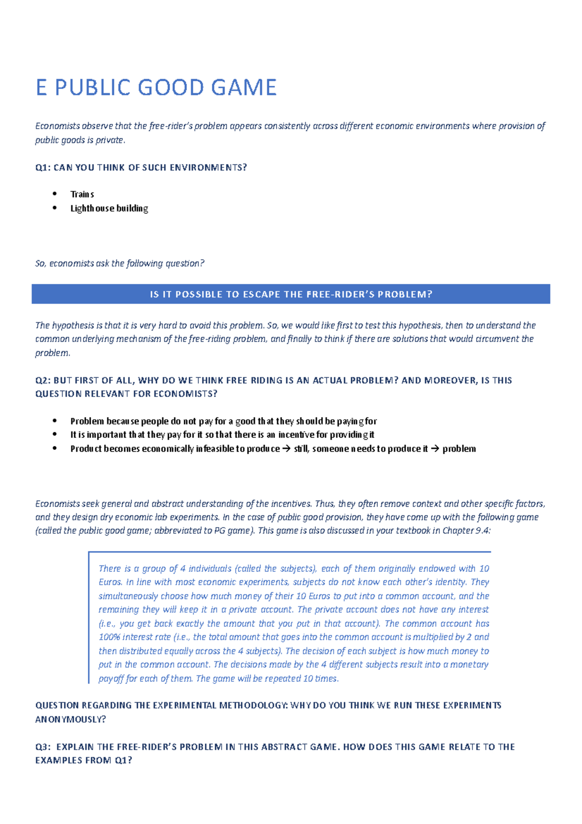 ECO 101 Public Good Game Homework & Free-Rider Problem Analysis ...