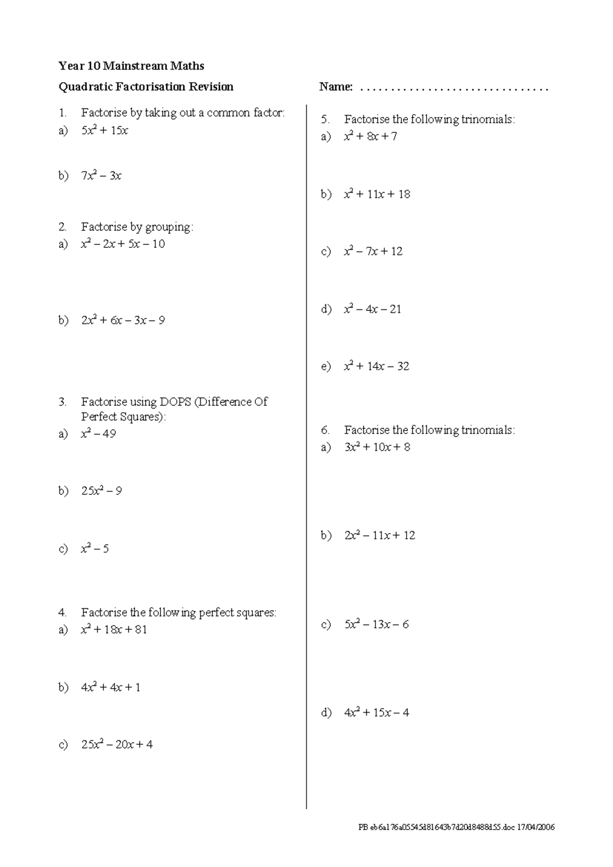 Year 10 Maths Revision: Quadratic Factorisation Techniques - Studocu