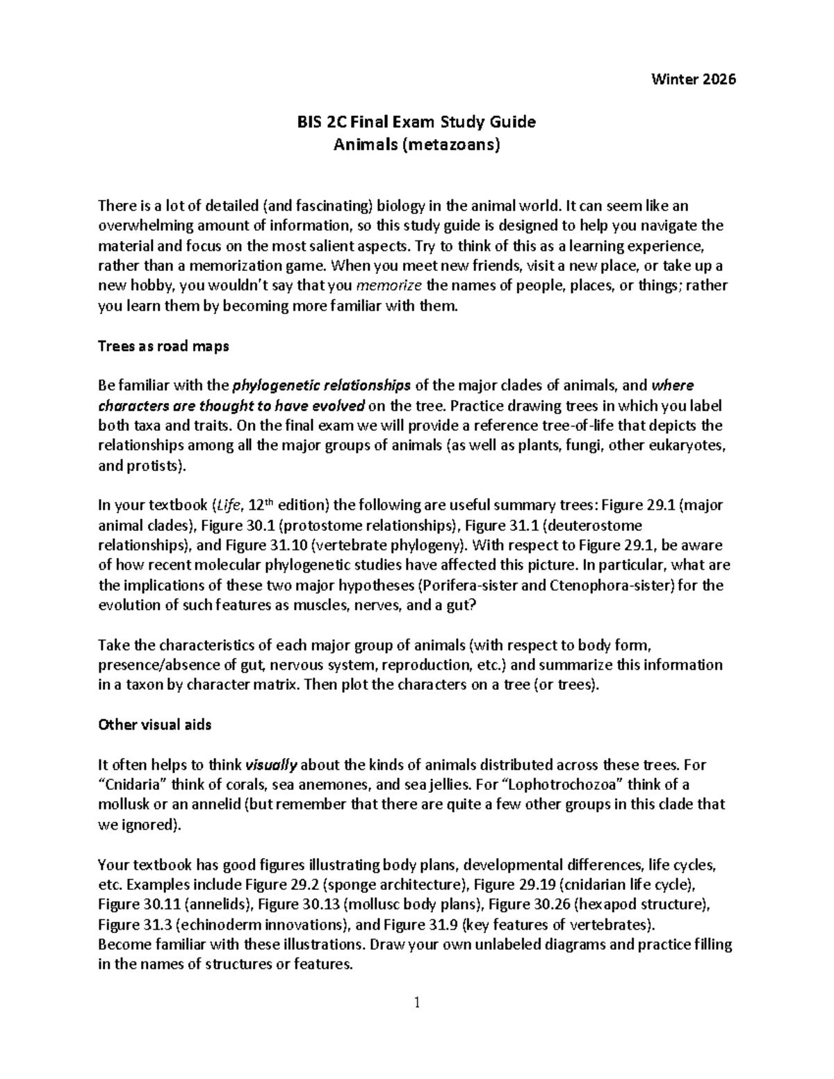 Winter 2026 BIS 2C Final Exam Study Guide: Animal Biology Insights ...