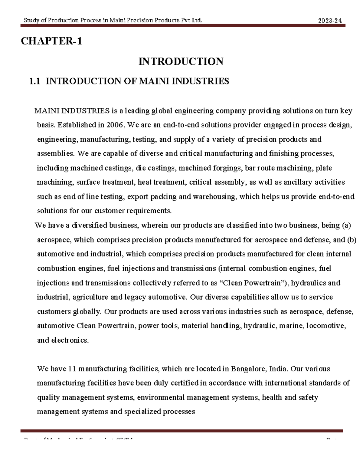 Maini Report - Ggghhhhh - Study of Production Process in Maini ...