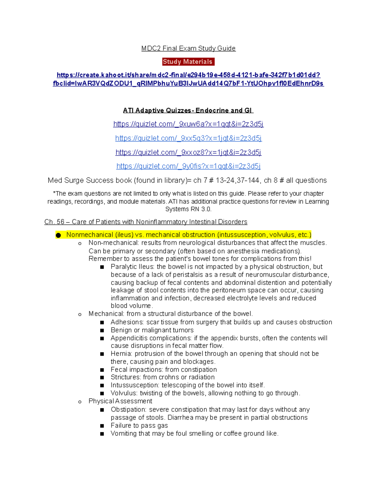 MDC2 Final Exam Study Guide: Key Topics in Intestinal Disorders - Studocu