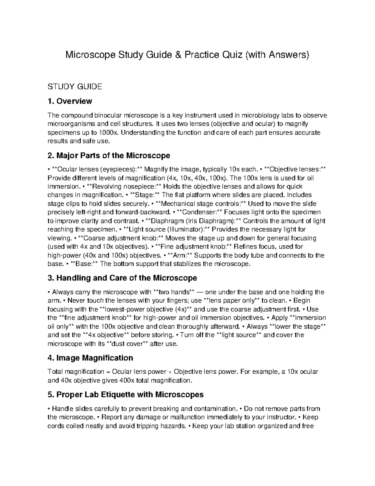 Microscope Study Guide & Quiz (BIO 101): Key Concepts & Care Tips - Studocu
