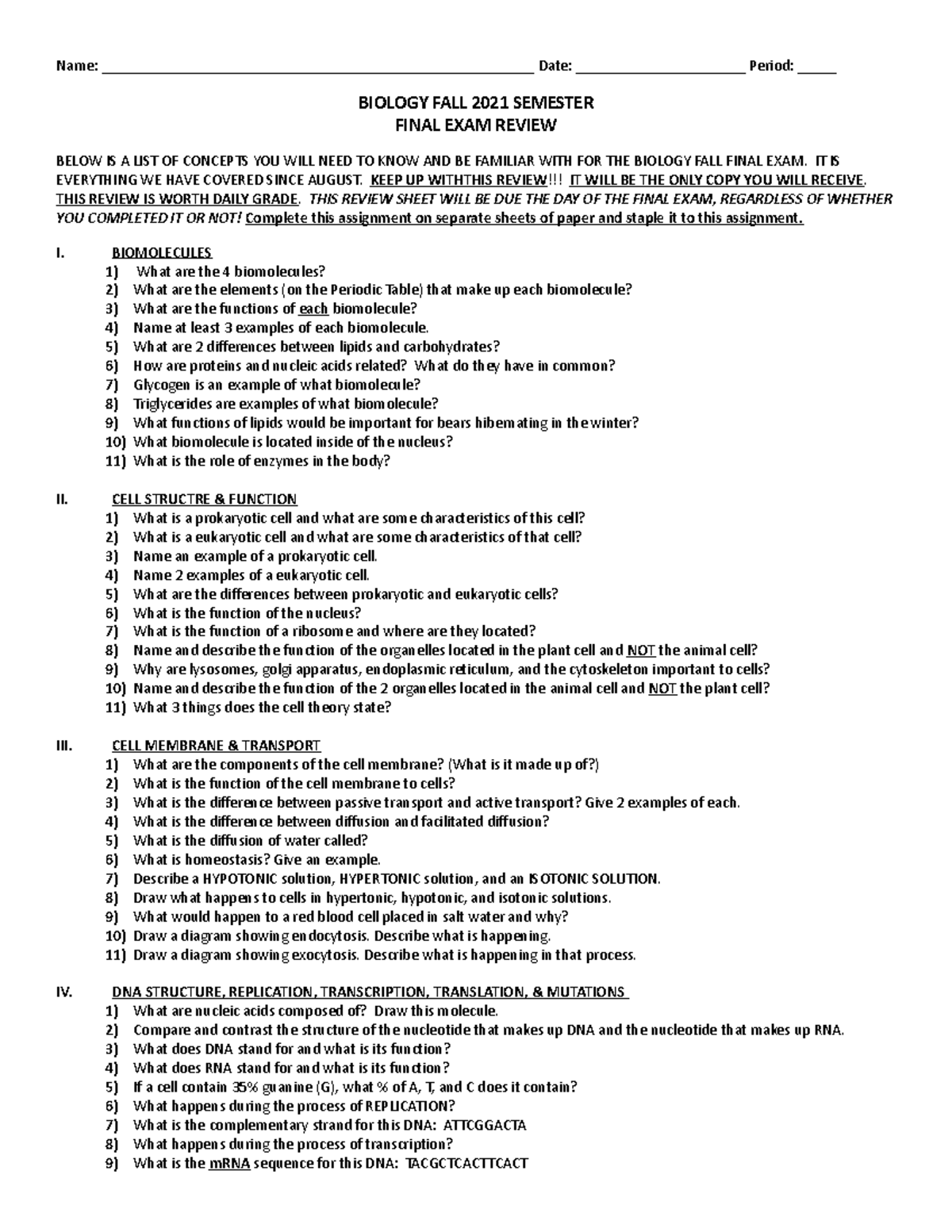 Biology 003 Final Exam Review Guide - Fall Semester 2021 - Studocu