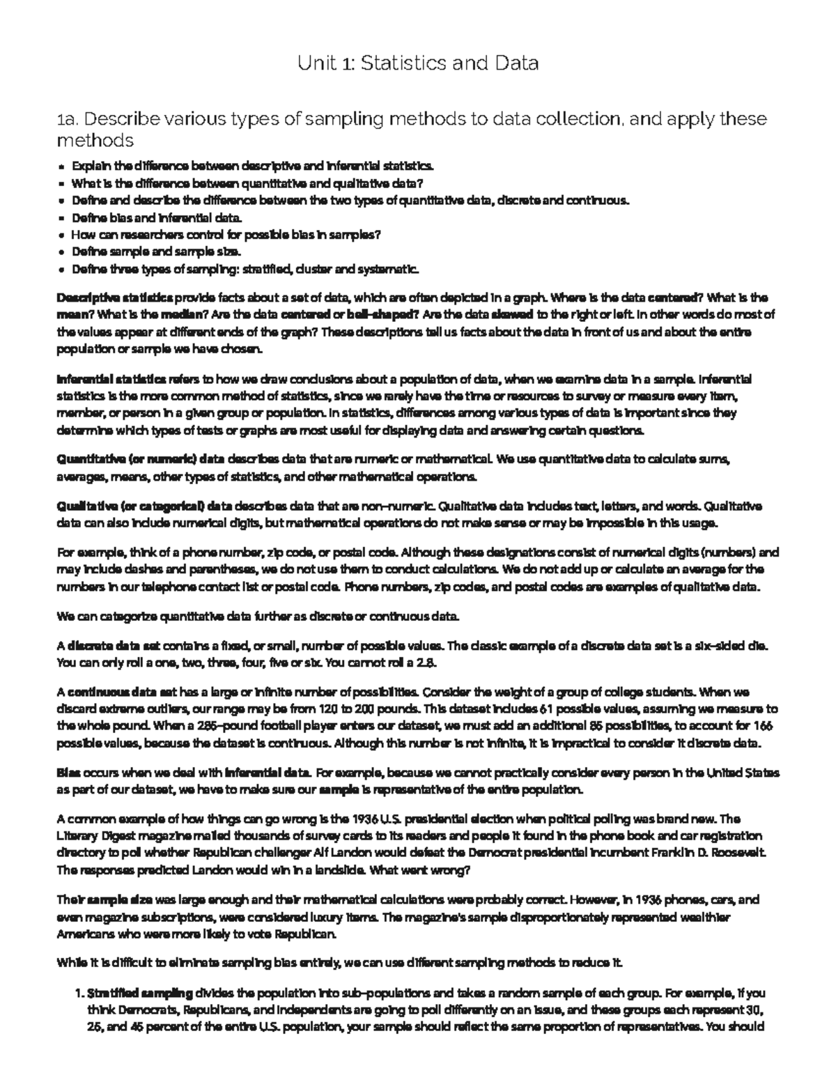 Statistics Study Guide - Unit 1: Statistics and Data 1a. Describe various types of sampling ...