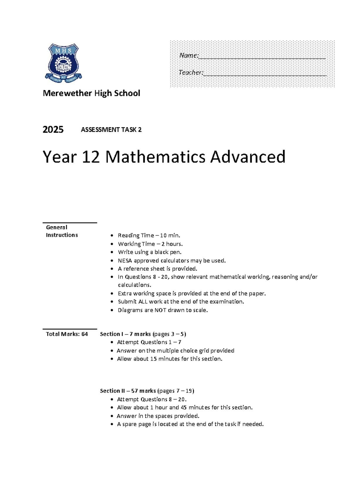 Year 12 MA 2025 Assessment Task 2 - Mathematics Advanced Exam - Studocu