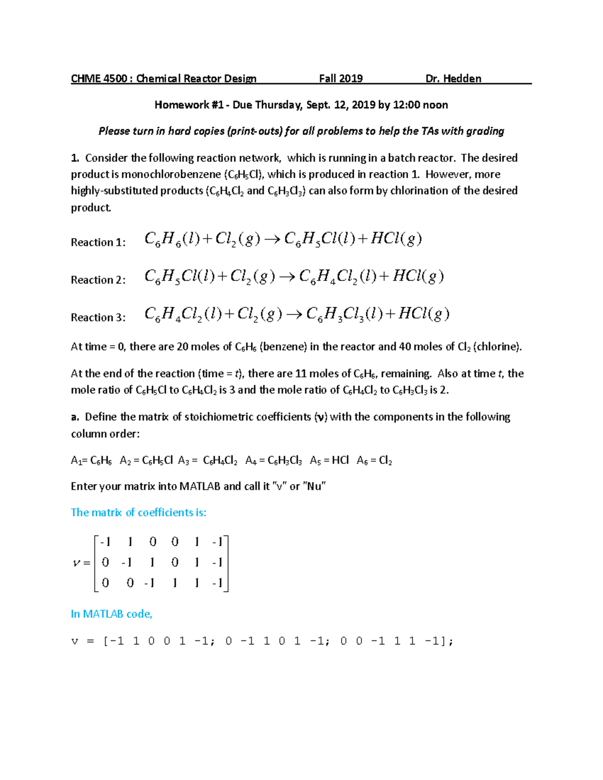 Homework #1 - CHME 4500 - Fall 2019 - solution - CHME 4500 : Chemical ...