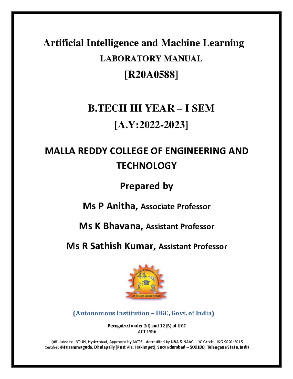 AI & ML Lab Manual - B.Tech III Year (R20A0588) - Studocu