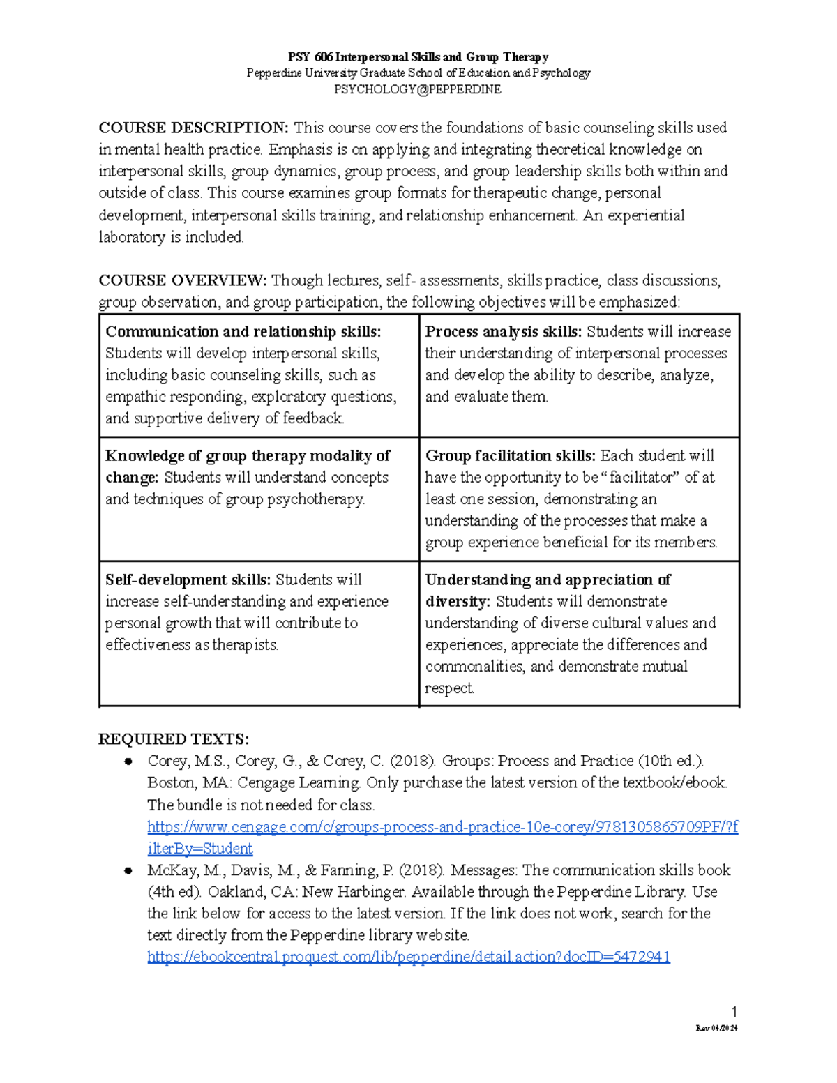 PSY 606 Syllabus: Interpersonal Skills & Group Therapy Overview 2024 ...