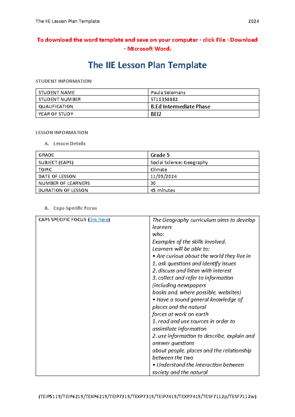 IIE Lesson Plan Template 2023 for Grade 4 Mathematics on 2D Shapes ...