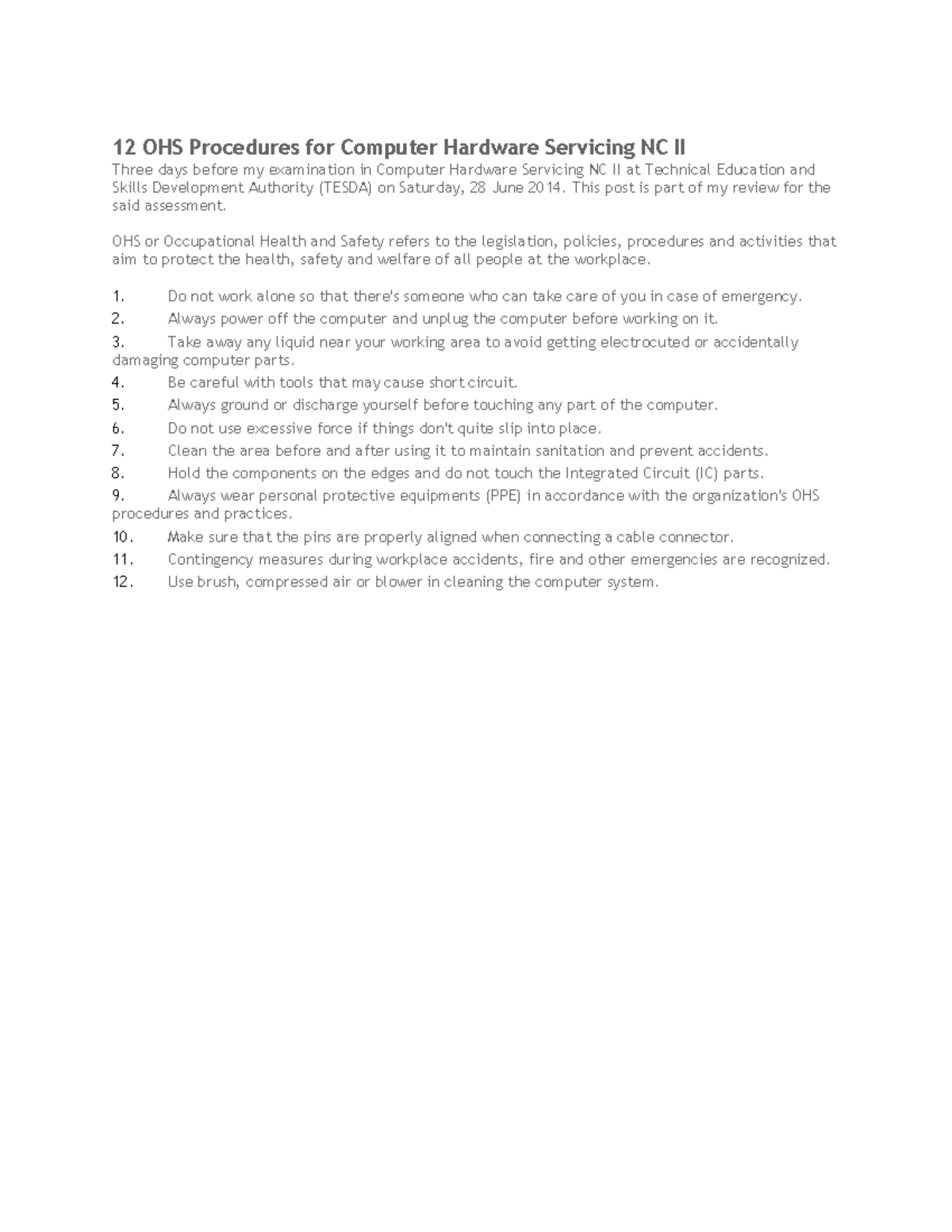 12 OHS Procedures for Computer Hardware Servicing NC II - This post is ...