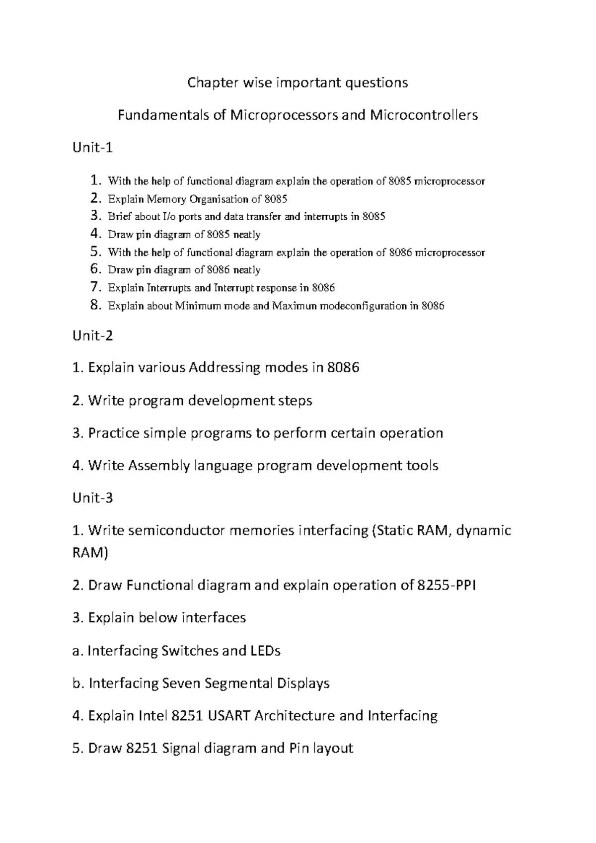 Microprocessors & Microcontrollers Important Questions - Chapter-wise - Studocu