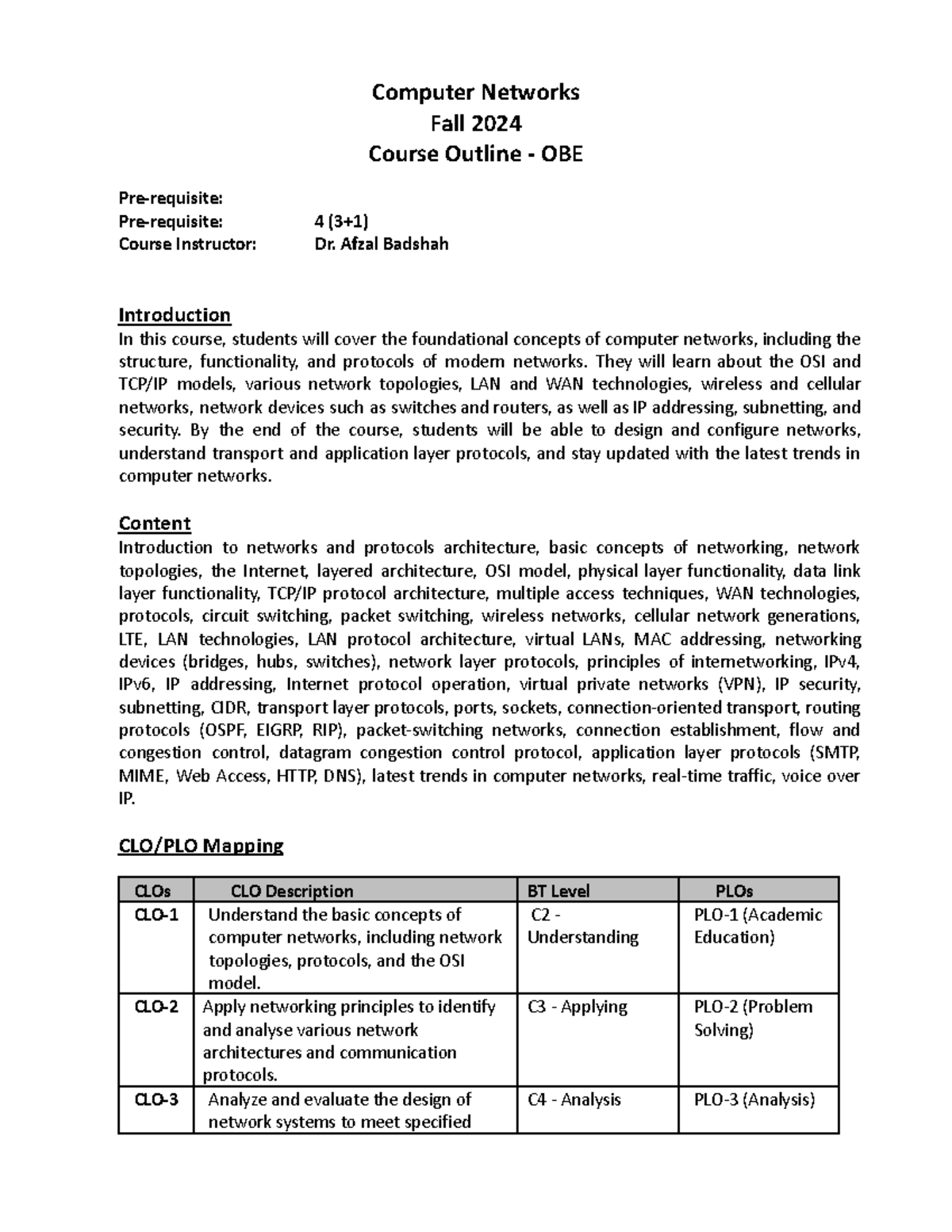 Computer Networks-Study-Plan - Computer Networks Fall 2024 Course ...