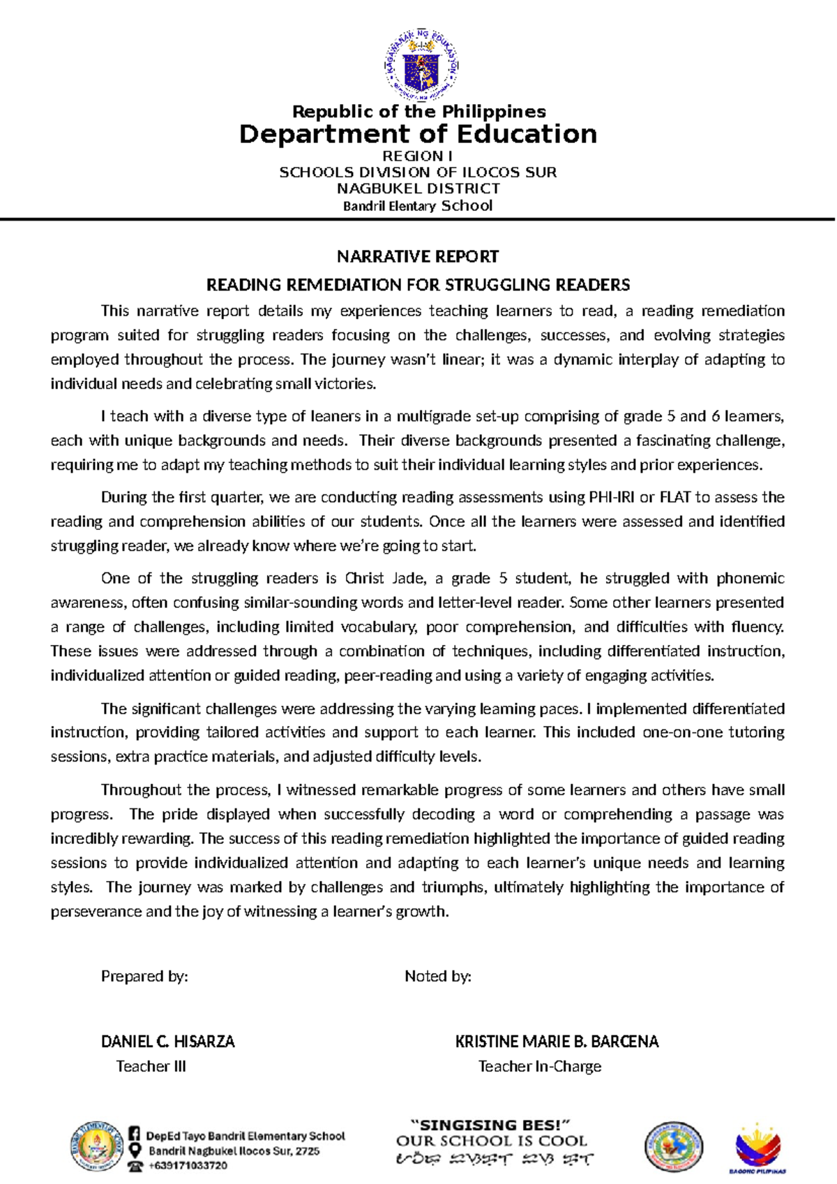 Narrative Report on Remedial Reading Strategies for Struggling Readers ...