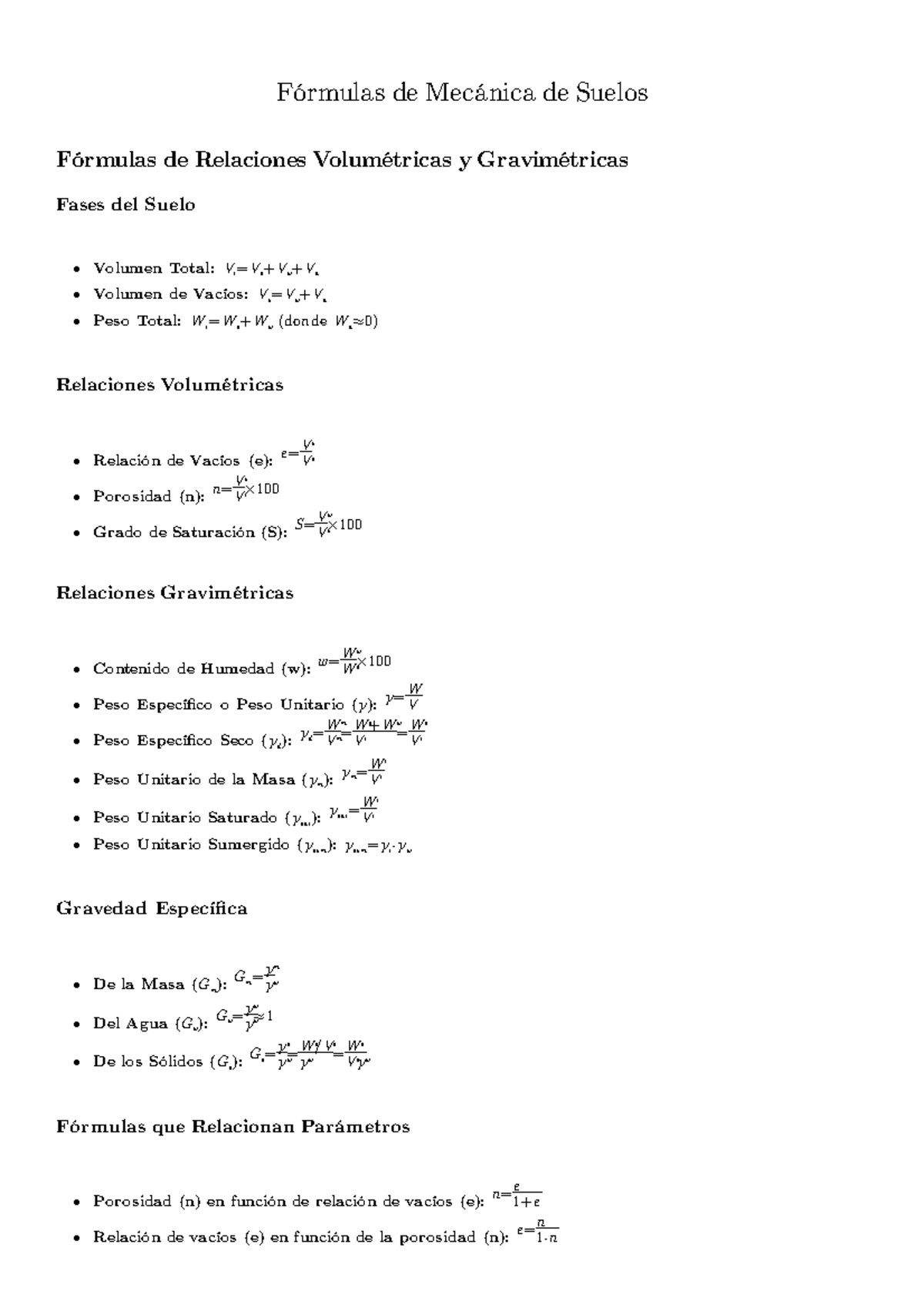 Fórmulas de Mecánica de Suelos - Relaciones Volumétricas y ...