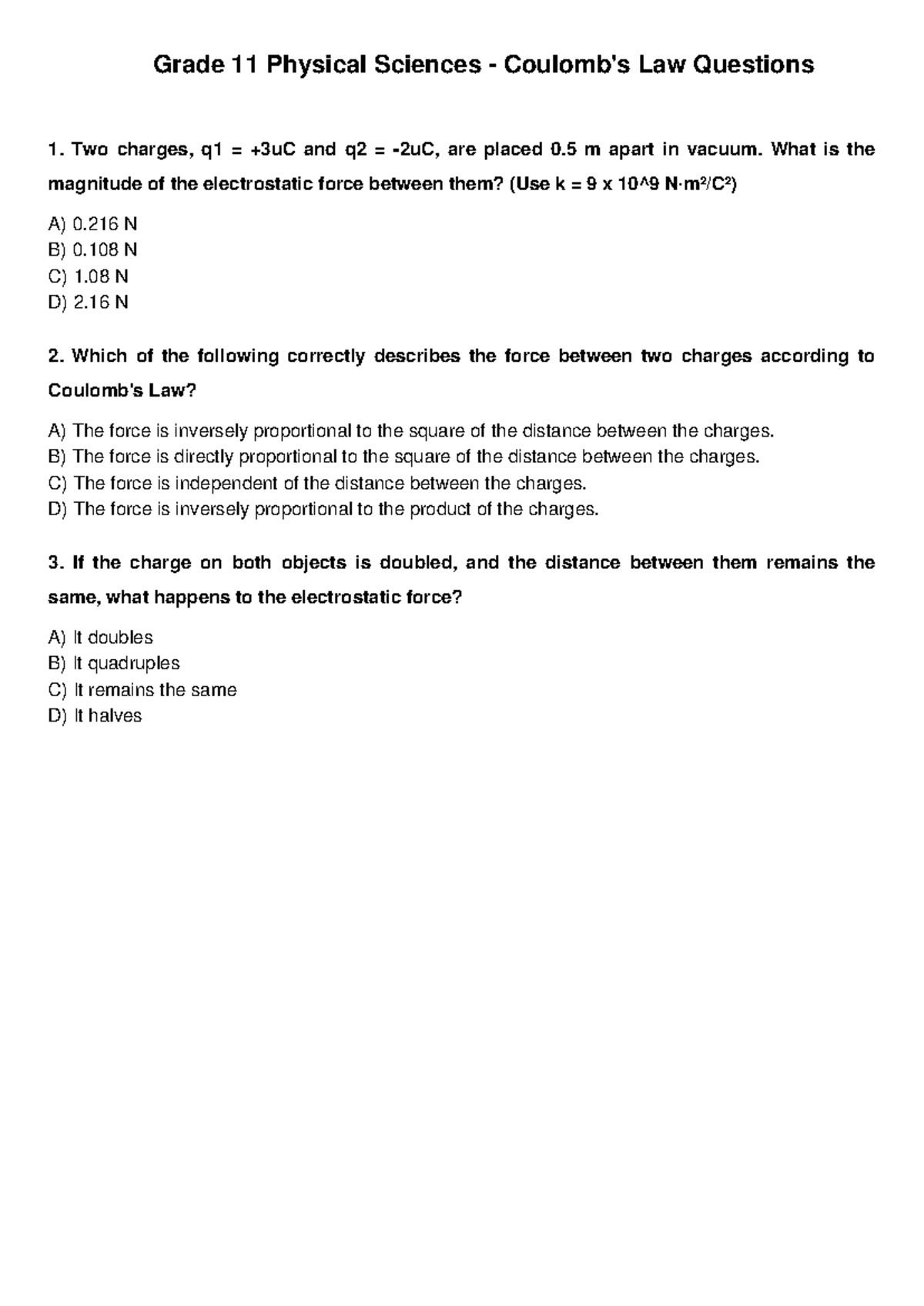 Coulomb's Law Grade 11 Quiz Questions and Answers - Studocu