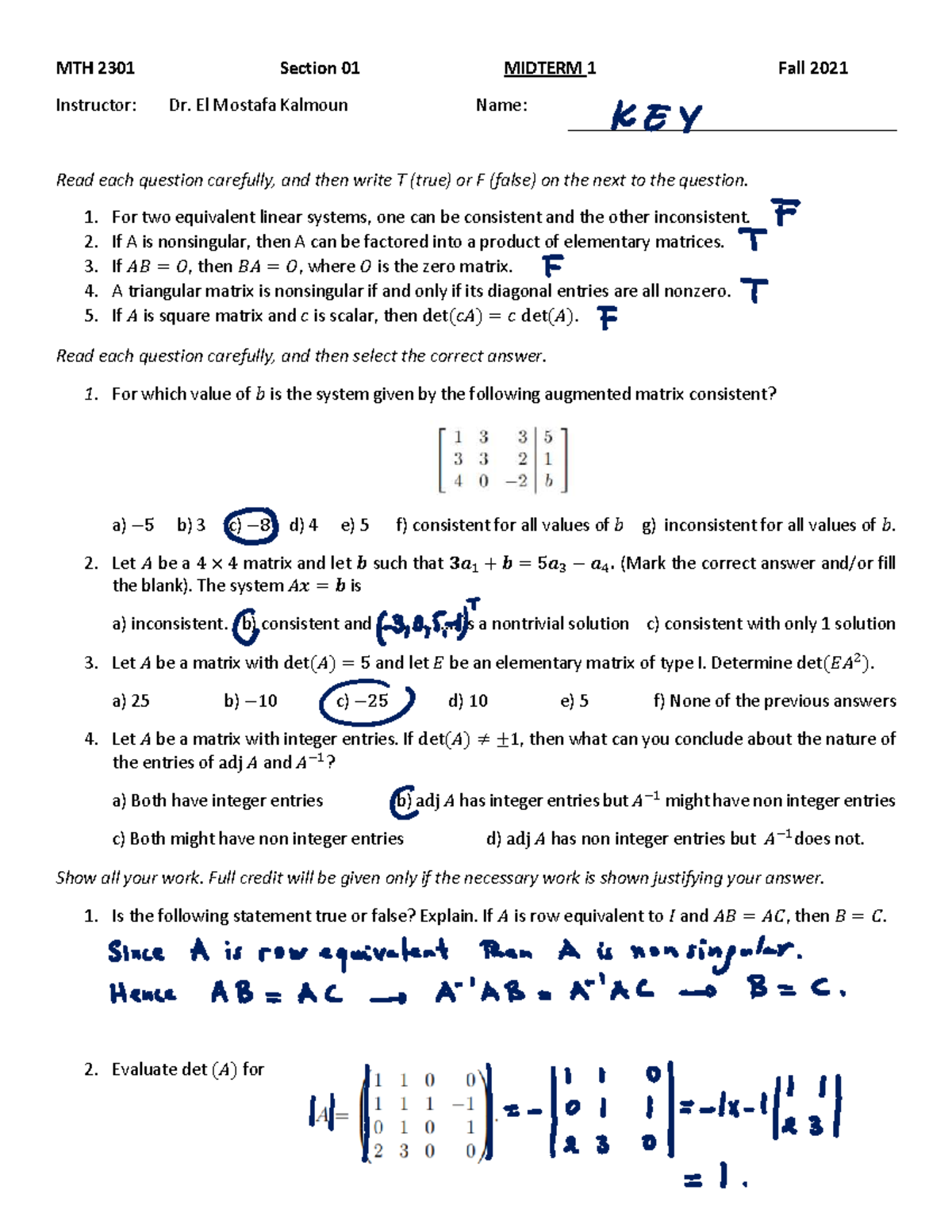 MTH 2301 Midterm 1 Study Guide - Fall 2021 - Studocu
