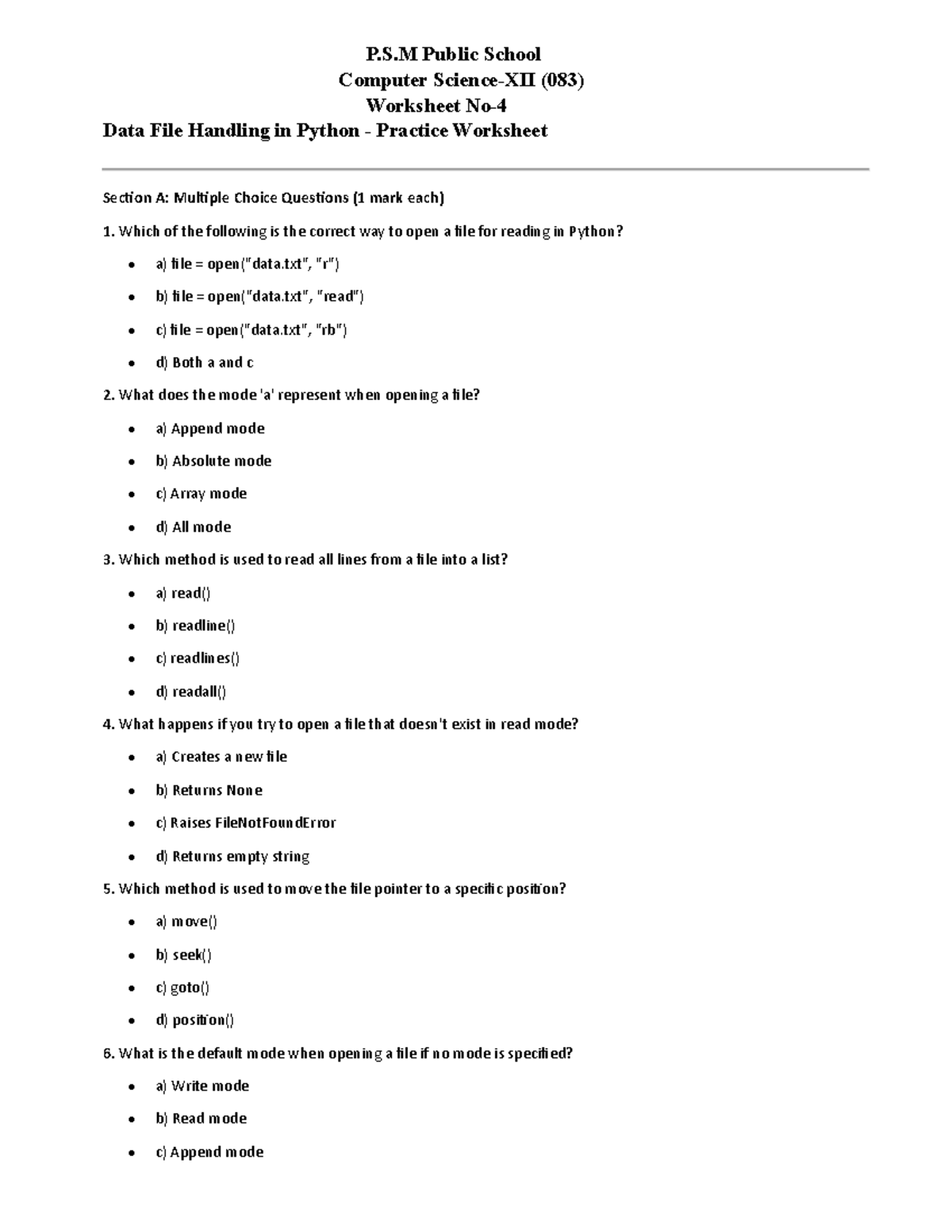 P.S.M Public School Computer (083) Python File Handling Worksheet - Studocu