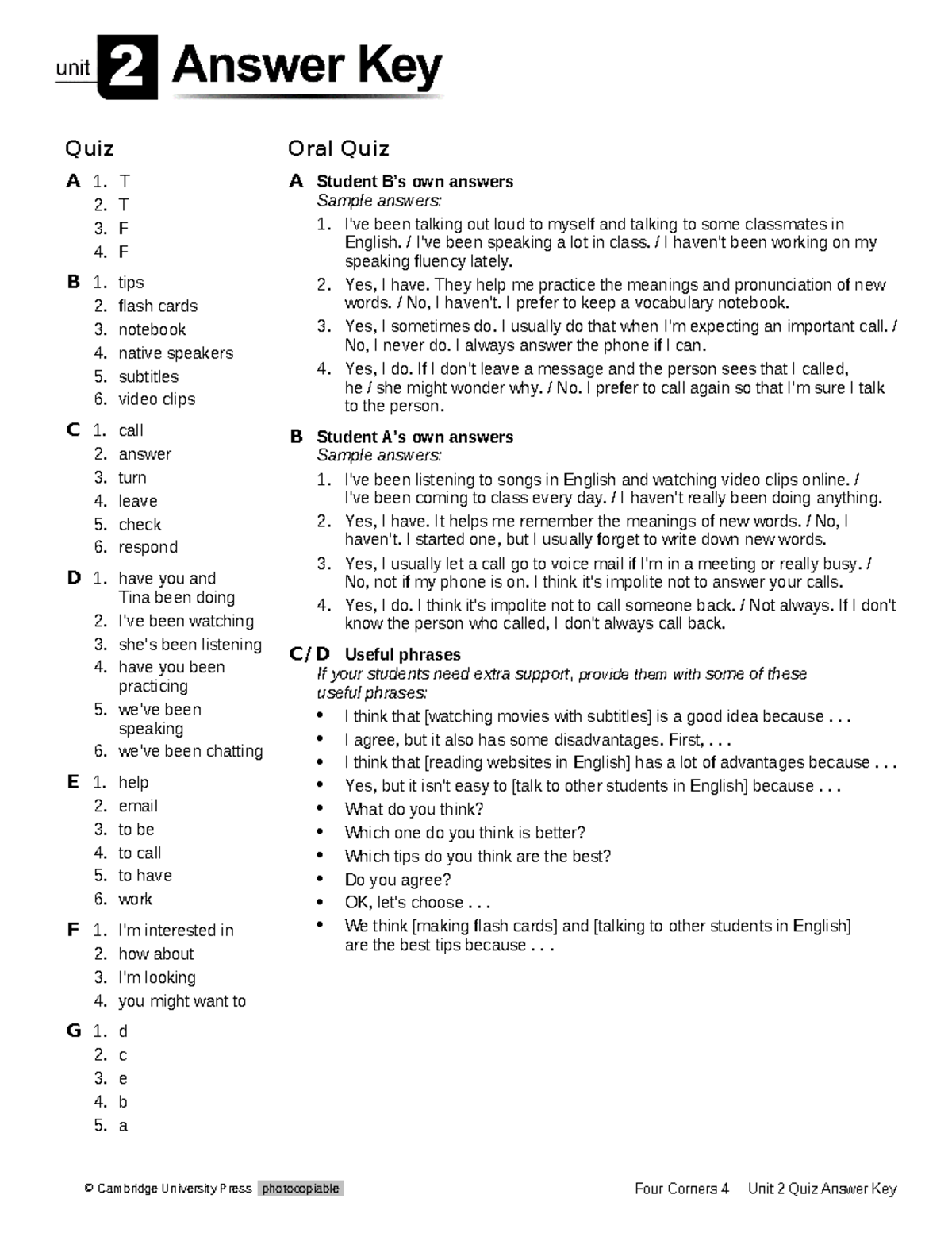 Four Corners 4 Unit 2 Quiz Answer Key - Studocu