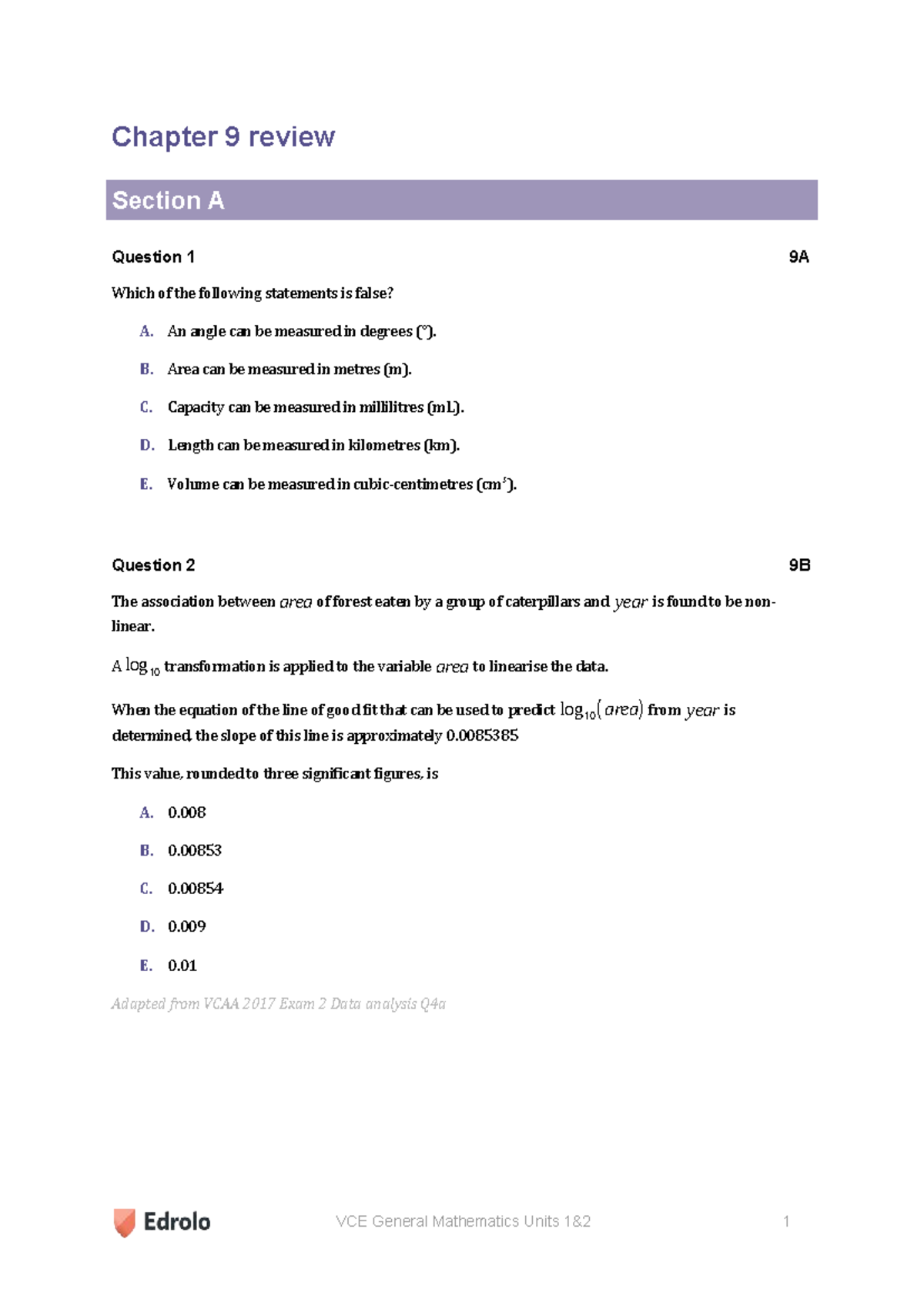 VCE General Mathematics Units 12 - Chapter 9 Review Questions and ...