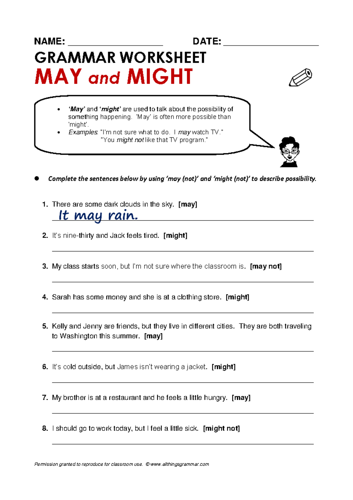 Grammar Worksheet: May and Might - Possibility Exercises - Studocu