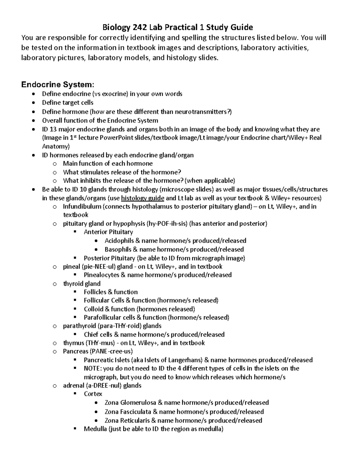 Biology 242 Lab Practical 1 Study Guide: Endocrine & Cardiovascular ...