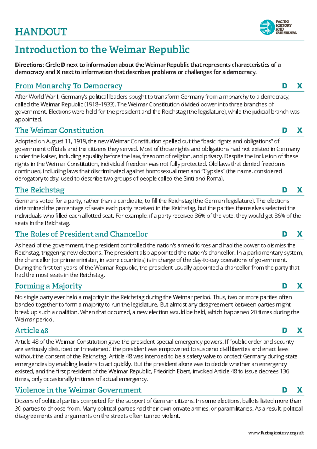Introduction to the Weimar Republic UK (2014) - HANDOUT Introduction to ...