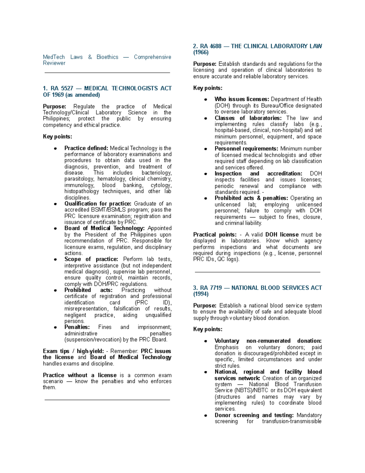 MedTech Laws & Bioethics: Comprehensive Reviewer RA 5527, RA 4688, RA ...